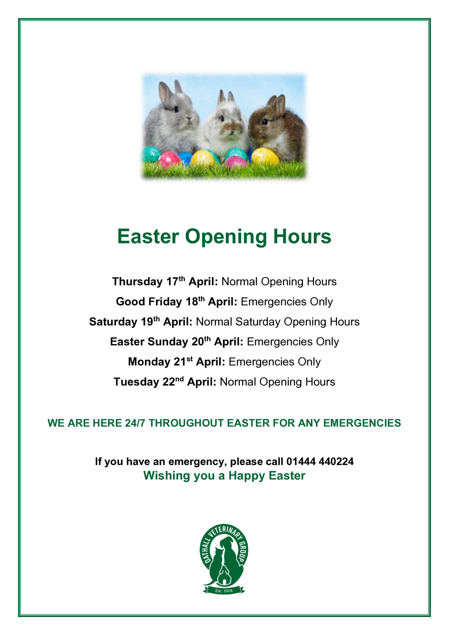 Easter Opening Hours 2025 - Oathall Veterinary Group